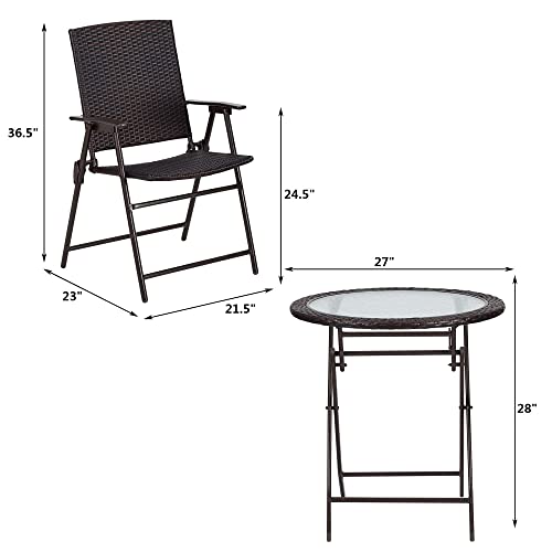 Rimba Outdoor 3 Pieces Wicker Folding Bistro Set, Balcony Table and Chairs Sets, Garden Backyard Furniture