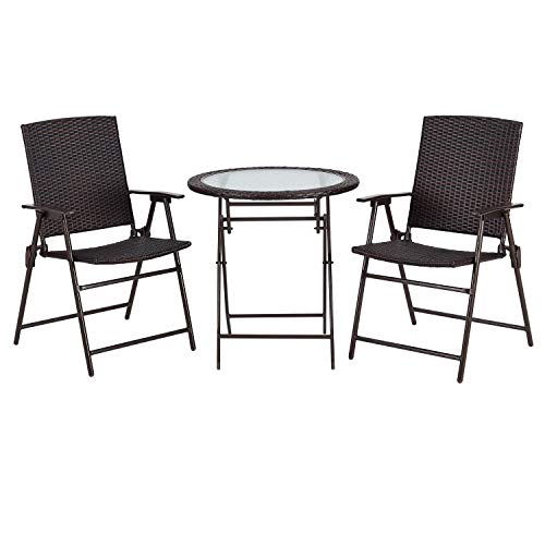 Rimba Outdoor 3 Pieces Wicker Folding Bistro Set, Balcony Table and Chairs Sets, Garden Backyard Furniture