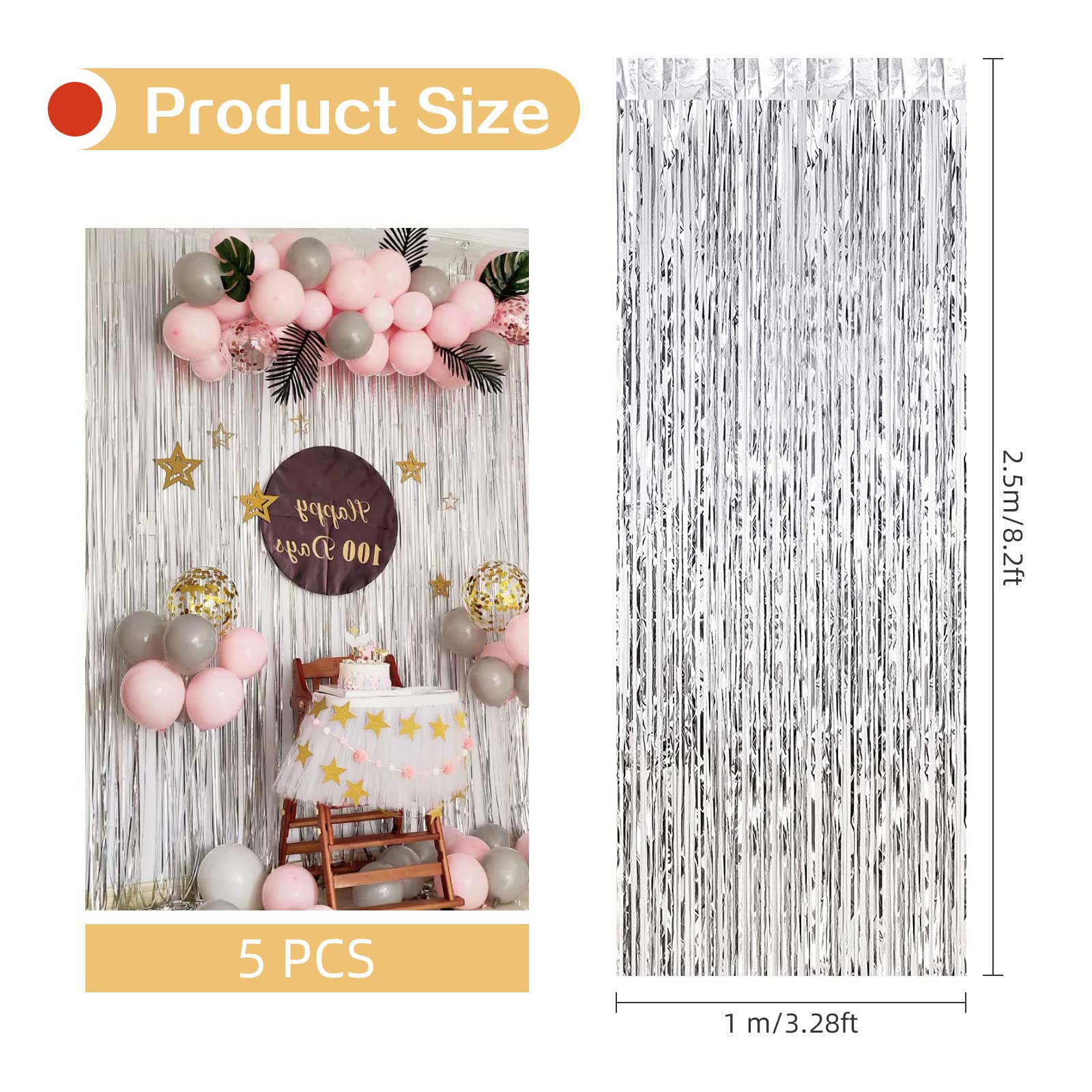 5 Pack Silver Fringe Backdrop 3.2ft x 8.2ft Foil Curtain Tinsel Foil Fringe Curtains Backdrop Tinsel Backdrop Streamers for Birthday Curtain Party Decoration Wedding Christmas Decoration (Silver)