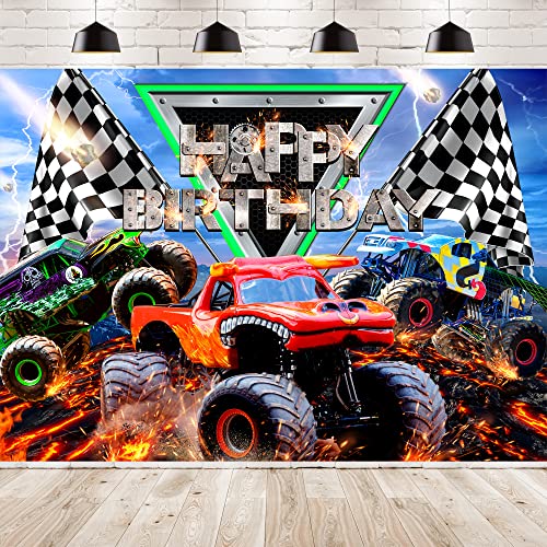 Newsely Truck Themed Birthday Party Backdrop 7Wx5H Monster Boys Kids Happy Birthday Background Photography Jam Burning Flame Car Grave Digger Party Decorations Banner Photo Booth Props Supplies
