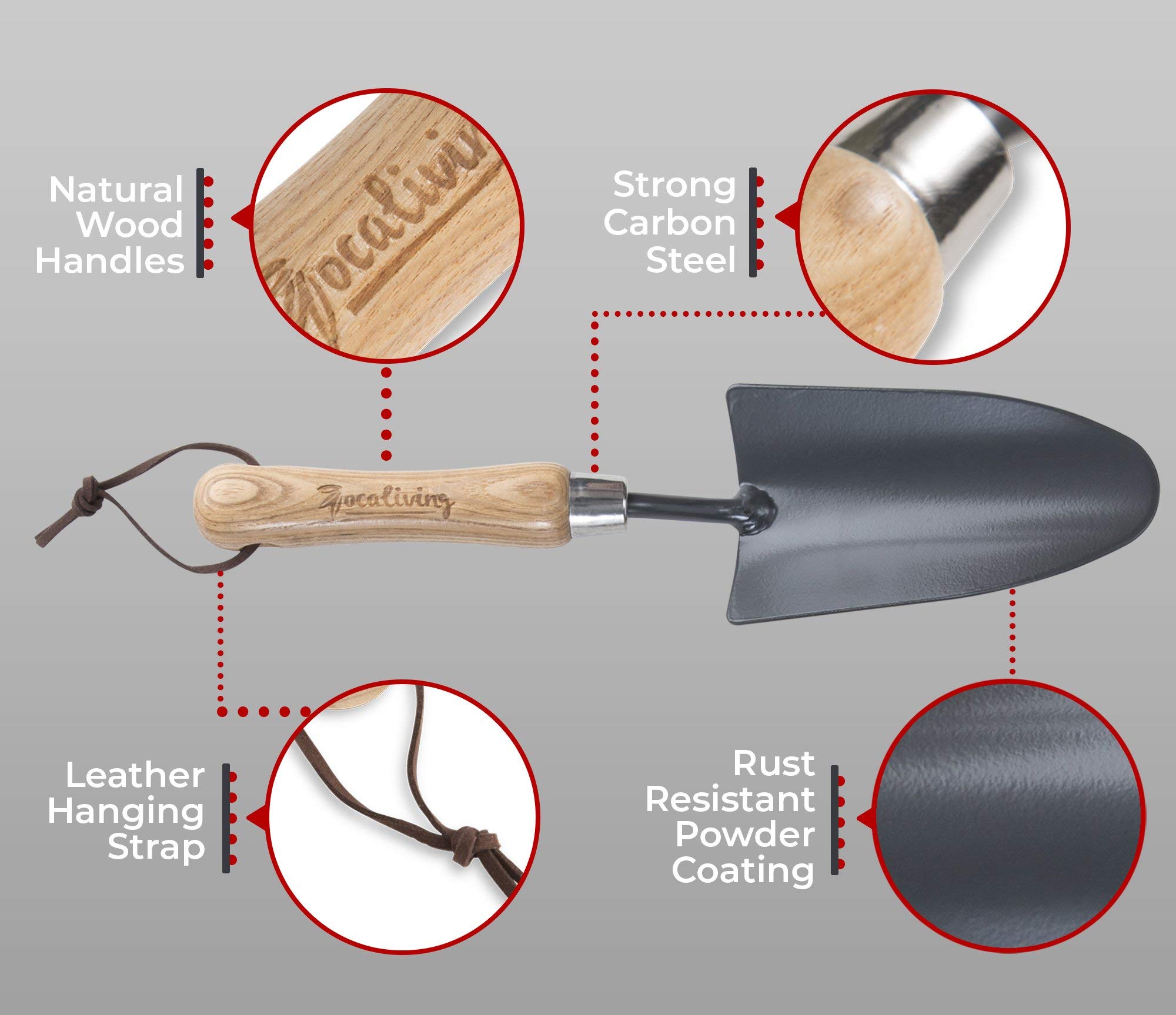 OCALIVING Garden Tool Set- Gardening Tools -Planting Trowel, Fork, Weeder, Transplanter, Rake & 6 pocket Storage Bag -Heavy Duty Gardening Kit- Gardening Gift Women Men -Wood Handle Tools