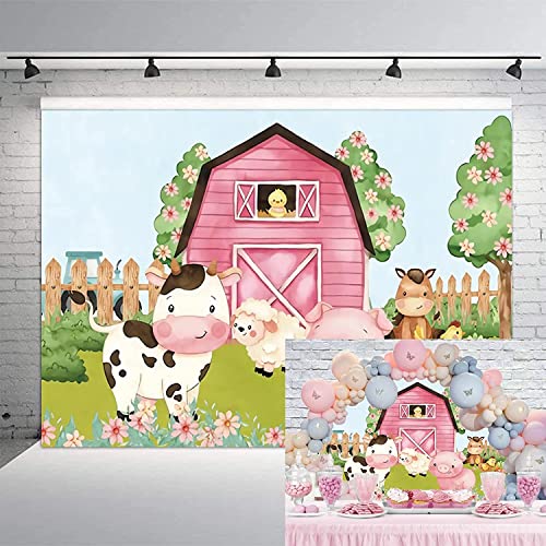 7x5ft Cartoon Farm Animals Party Backdrop Pink Barn Girl Baby Shower Birthday Photography Background Farmland Animals Cows Pigs Barnyard Backdrop Banner Cake Table Decoration Photo Booth Props