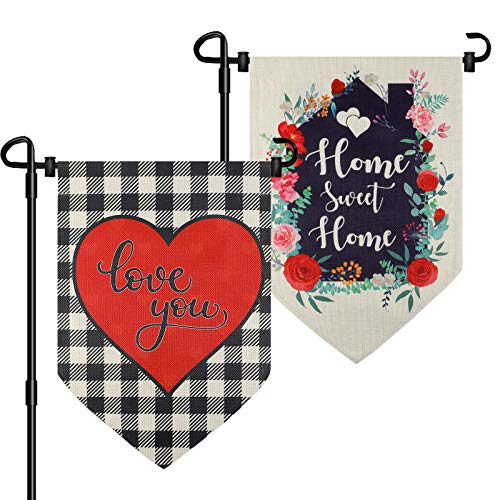 2 Pieces Valentine's Day Garden Flag Home Sweet Home Wedding Flower Welcome Garden Flag Buffalo Plaid Heart House Flag Double Sided Love Yard Flag for Holiday Outdoor Decoration, 12.5 x 18.5 Inches