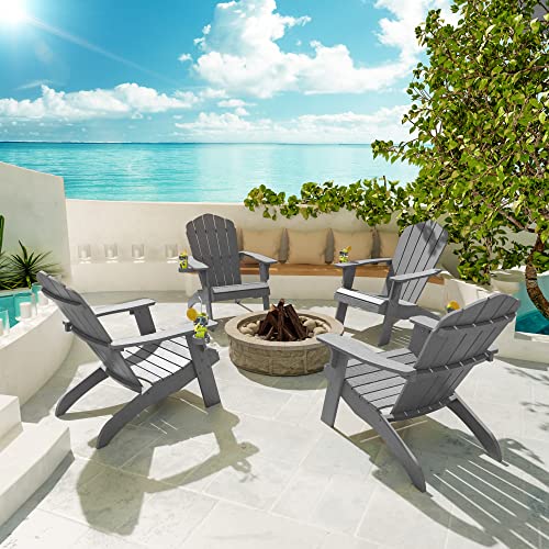 YEFU Oversized Plastic Adirondack Chair with Cup-Holder (Large Dual-Purpose), Weather Resistant, Poly Lumber Outdoor Chairs Duty Rating Widely Used in Patio, Lawn, Outside, Deck, Garden Chairs-Grey