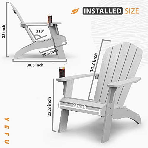 YEFU Oversized Plastic Adirondack Chair with Cup-Holder (Large Dual-Purpose), Weather Resistant, Poly Lumber Outdoor Chairs Duty Rating Widely Used in Patio, Lawn, Outside, Deck, Garden Chairs-Grey