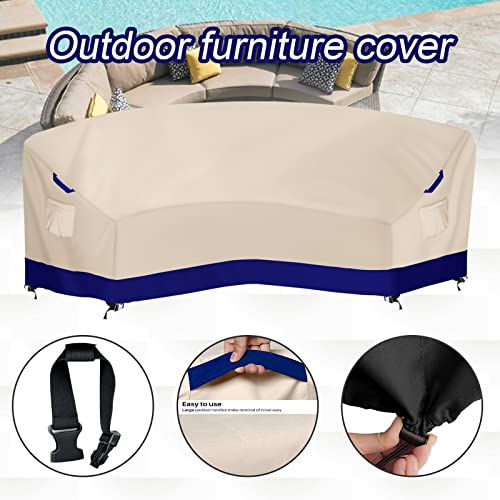 DUSTYPROTE Curved Sofa Cover,Outdoor Couch Cover 600D,Outdoor Sectional Covers Waterproof 150" L(Back)/112" L(Front) x 36" D x 38" H, Khaki with Dark Blue