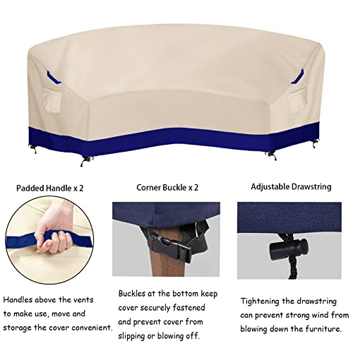 DUSTYPROTE Curved Sofa Cover,Outdoor Couch Cover 600D,Outdoor Sectional Covers Waterproof 150" L(Back)/112" L(Front) x 36" D x 38" H, Khaki with Dark Blue