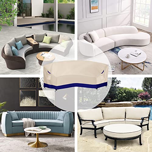 DUSTYPROTE Curved Sofa Cover,Outdoor Couch Cover 600D,Outdoor Sectional Covers Waterproof 150" L(Back)/112" L(Front) x 36" D x 38" H, Khaki with Dark Blue