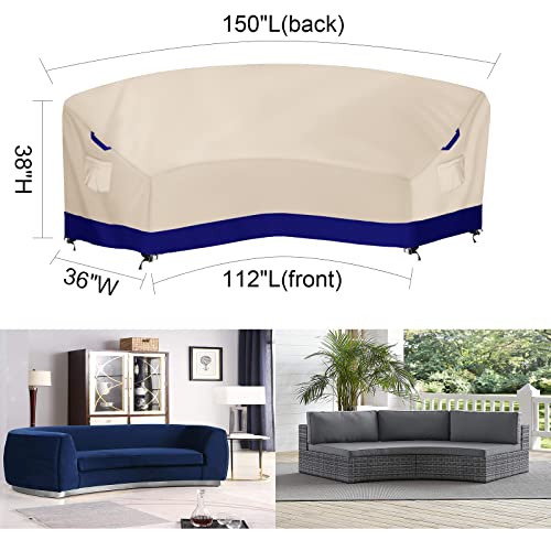 DUSTYPROTE Curved Sofa Cover,Outdoor Couch Cover 600D,Outdoor Sectional Covers Waterproof 150" L(Back)/112" L(Front) x 36" D x 38" H, Khaki with Dark Blue