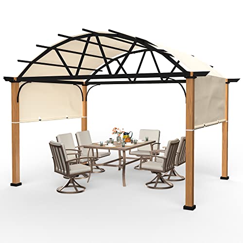 HAPPATIO 10' X 13' Outdoor Pergola with Sling Retractable Pergola Canopy，Wood-Like Aluminum Patio Pergola Shade for Patio, Backyard, Garden,Poolside