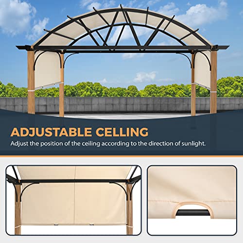 HAPPATIO 10' X 13' Outdoor Pergola with Sling Retractable Pergola Canopy,Wood-Like Aluminum Patio Pergola Shade for Patio, Backyard, Garden,Poolside