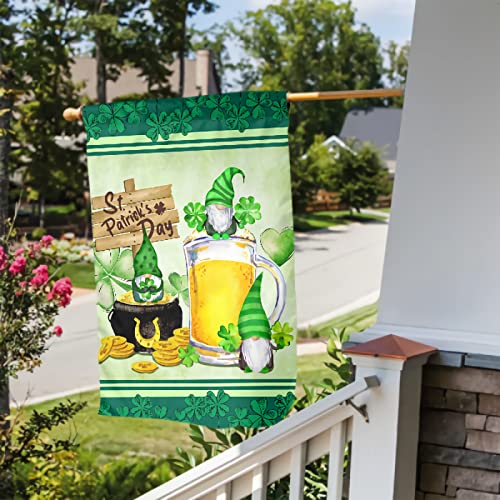 St Patricks Day Garden Flag, Lucky Irish Gnomes Shamrocks Welcome Burlap Garden Flags 12x18 Double Sided, Outdoor Small Holiday Garden Decor Flags