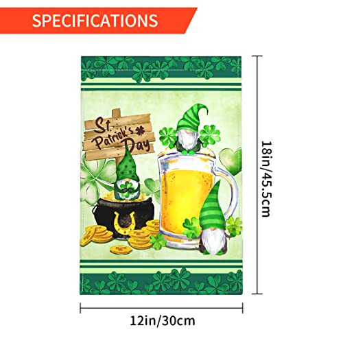St Patricks Day Garden Flag, Lucky Irish Gnomes Shamrocks Welcome Burlap Garden Flags 12x18 Double Sided, Outdoor Small Holiday Garden Decor Flags