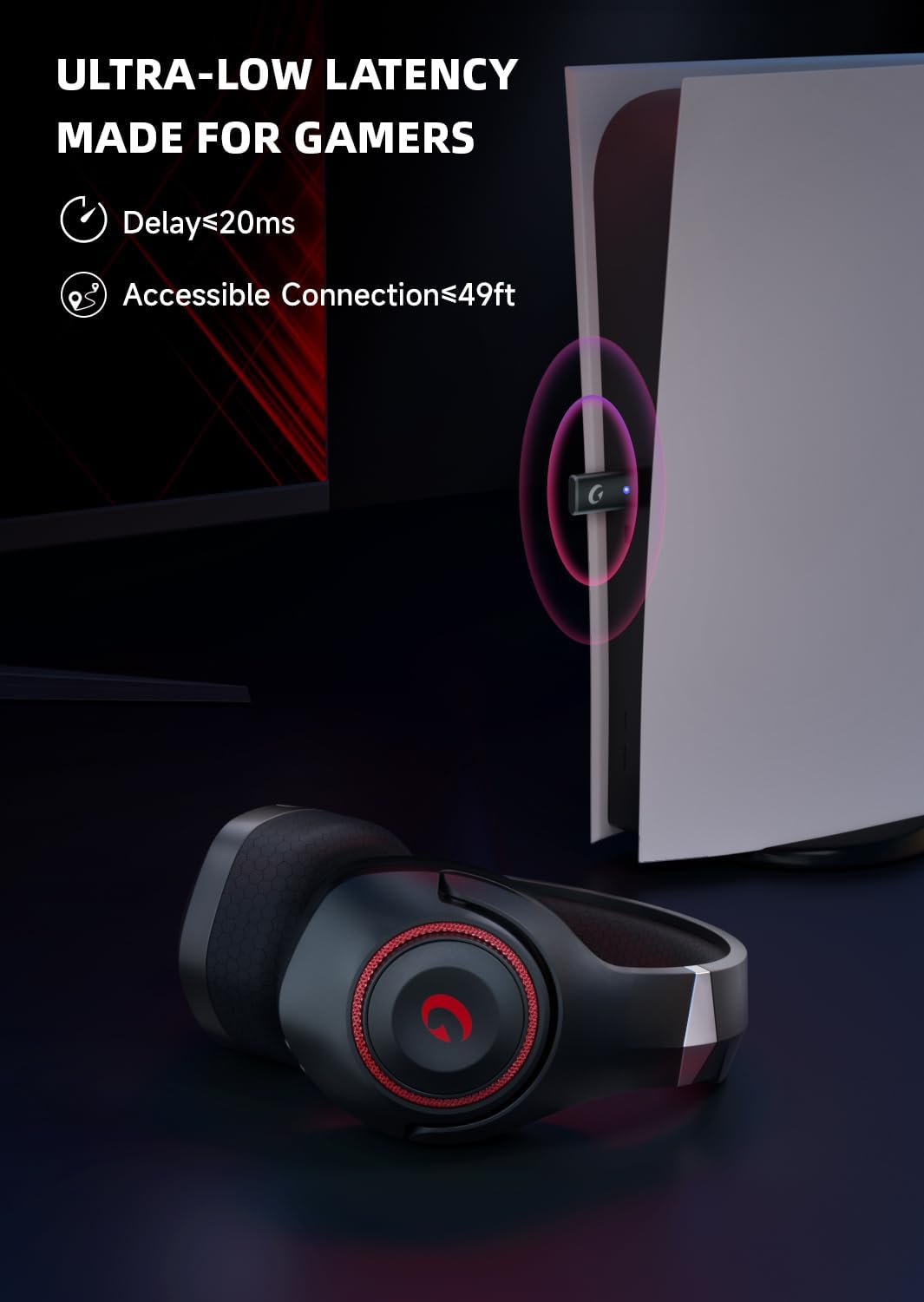 KAPEYDESI Wireless Gaming Headset, 2.4GHz USB Gaming Headphones for PC, PS4, PS5, Mac with Bluetooth 5.2, 40H Battery Life, Detachable Microphone, 3.5mm Wired Jack for Xbox Series (Black Red)