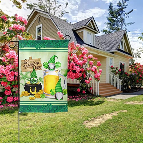 St Patricks Day Garden Flag, Lucky Irish Gnomes Shamrocks Welcome Burlap Garden Flags 12x18 Double Sided, Outdoor Small Holiday Garden Decor Flags