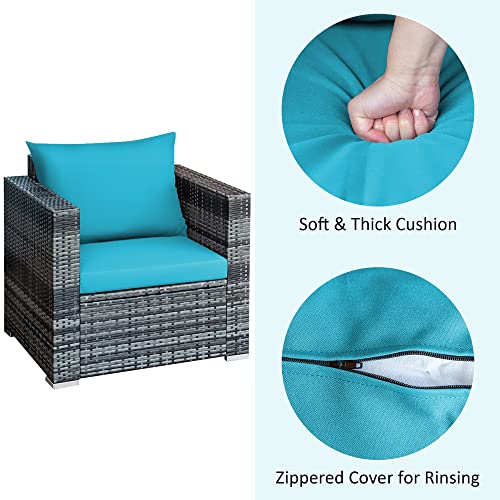 DORTALA 3 PCS Patio Wicker Bistro Set, Outdoor Rattan Sofa Set, Conversation Furniture w/Washable Cushion, Tempered Glass Top Table, Backyard Rattan Sofa Chair for Garden Poolside Balcony, Turquoise