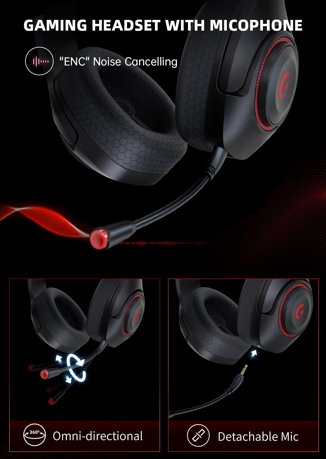 KAPEYDESI Wireless Gaming Headset, 2.4GHz USB Gaming Headphones for PC, PS4, PS5, Mac with Bluetooth 5.2, 40H Battery Life, Detachable Microphone, 3.5mm Wired Jack for Xbox Series (Black Red)