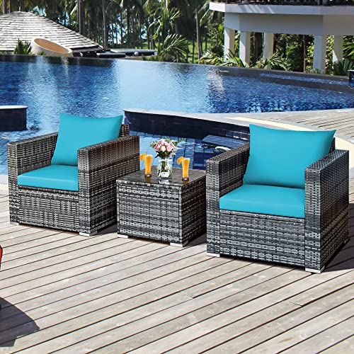 DORTALA 3 PCS Patio Wicker Bistro Set, Outdoor Rattan Sofa Set, Conversation Furniture w/Washable Cushion, Tempered Glass Top Table, Backyard Rattan Sofa Chair for Garden Poolside Balcony, Turquoise