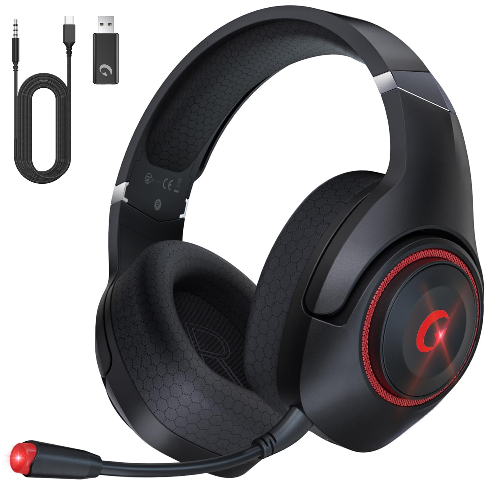 KAPEYDESI Wireless Gaming Headset, 2.4GHz USB Gaming Headphones for PC, PS4, PS5, Mac with Bluetooth 5.2, 40H Battery Life, Detachable Microphone, 3.5mm Wired Jack for Xbox Series (Black Red)