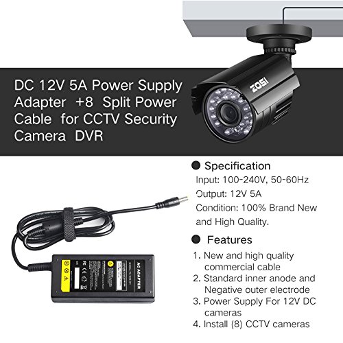 DC 12V 5A Power Supply Adapter with 8 Splitter Power Cable for Security Camera CCTV DVR Surveillance System
