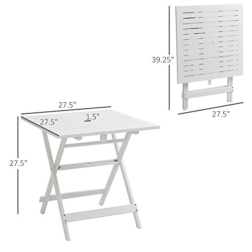 Outsunny Foldable Dining Table, Square Wood Side Table, Portable Bistro Table with Umbrella Hole for Outdoor Patio, Garden or Backyard, White