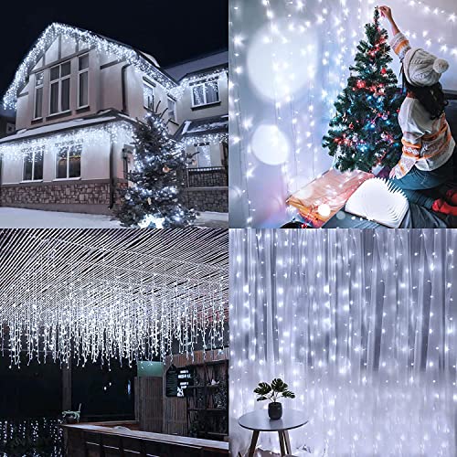 HISHINY LED Icicle Christmas Lights Outdoor,400 Led 32ft 8 Mode Clear Wire Icicle Lights String with 75 Drop,Plug in Extendable Christmas Lights for Garden Decoration, Festival, Holiday(Cool White)