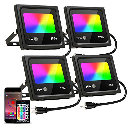 LED Flood Light Outdoor, 200W Equivalent Smart Floodlight APP Control, 20W DIY RGB Color Changing Party Stage Lighting, 2700K&16 Million Colors & Timing, IP66 Waterproof Uplight for Garden 4 Pack