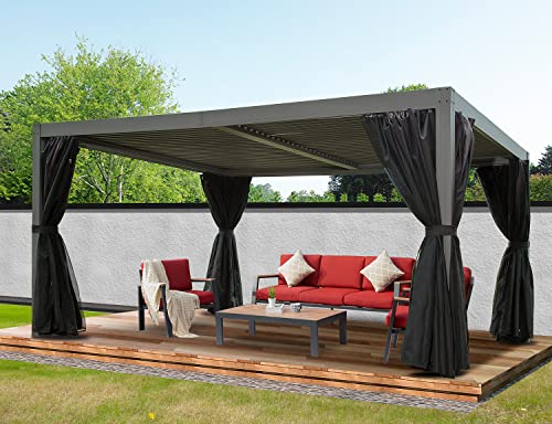 Domi Louvered Pergola 12' Ć 16', Outdoor Aluminium Pergola with Adjustable Roof, Curtains and Netting, Hardtop Gazebo for Patio, Deck, Garden, Yard, Beach(Gray)