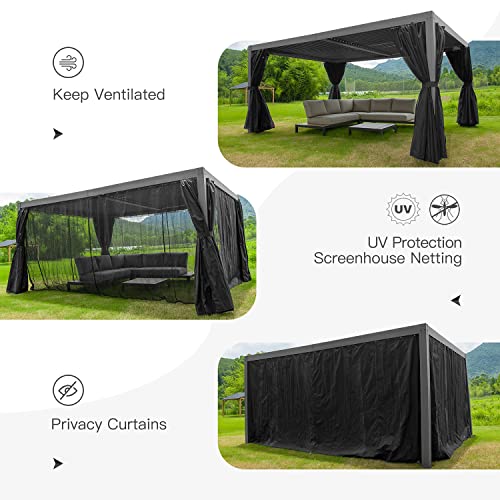 Domi Louvered Pergola 12' × 16', Outdoor Aluminium Pergola with Adjustable Roof, Curtains and Netting, Hardtop Gazebo for Patio, Deck, Garden, Yard, Beach(Gray)