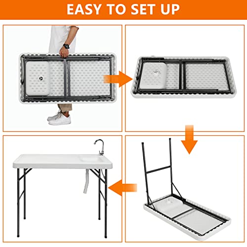 Outvita Fish Cleaning Table, Folding Portable Camping Table with Sink Stainless Steel Faucet Drainage Hose for Garden Patio Backyard BBQ White