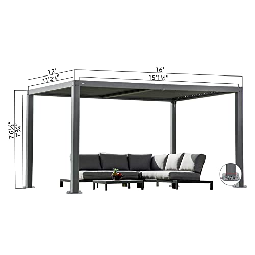 Domi Louvered Pergola 12' × 16', Outdoor Aluminium Pergola with Adjustable Roof, Curtains and Netting, Hardtop Gazebo for Patio, Deck, Garden, Yard, Beach(Gray)
