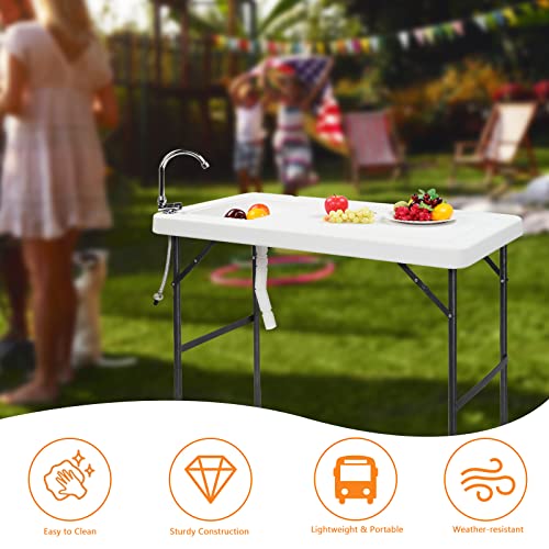 Outvita Fish Cleaning Table, Folding Portable Camping Table with Sink Stainless Steel Faucet Drainage Hose for Garden Patio Backyard BBQ White