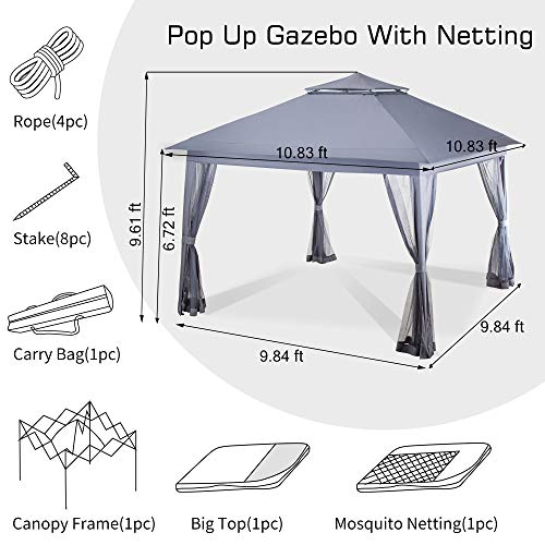 Pamapic 11x11 Outdoor Pop up Gazebo for Patios Canopy for Shade and Rain with Mosquito Netting, Waterproof Soft Top Metal Frame Gazebo for Lawn, Garden, Backyard and Deck (Gray)