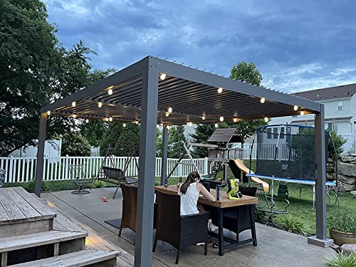 Domi Louvered Pergola 12' × 16', Outdoor Aluminium Pergola with Adjustable Roof, Curtains and Netting, Hardtop Gazebo for Patio, Deck, Garden, Yard, Beach(Gray)