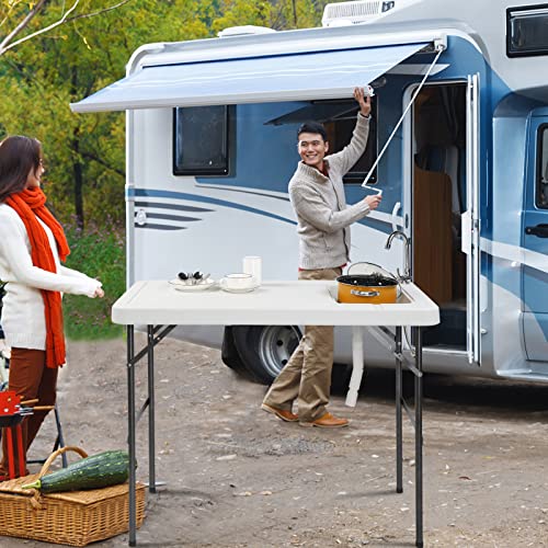 Outvita Fish Cleaning Table, Folding Portable Camping Table with Sink Stainless Steel Faucet Drainage Hose for Garden Patio Backyard BBQ White