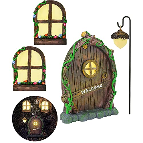 Miniature Gnome Fairy House Window and Door for Trees, Glow in The Dark Yard Art Garden Sculpture Lawn Ornament Decoration Mini Fairy Garden Outdoor Decor Accessories with Bonus Fairy Lantern
