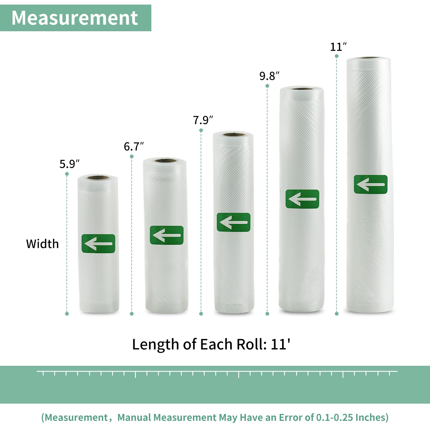Mozing Vacuum Sealer Bags, Commercial Grade Food Seal Bag Rolls, Meal Saver Bags for Storage or Sous Vide, 5 Pack 1 Roll 5.9" x 11', 1 Roll 6.7" x 11', 1 Roll 7.9" x 11', 1 Roll 9.8" x 11' and 1 Roll 11" x 11' (5 Rolls)