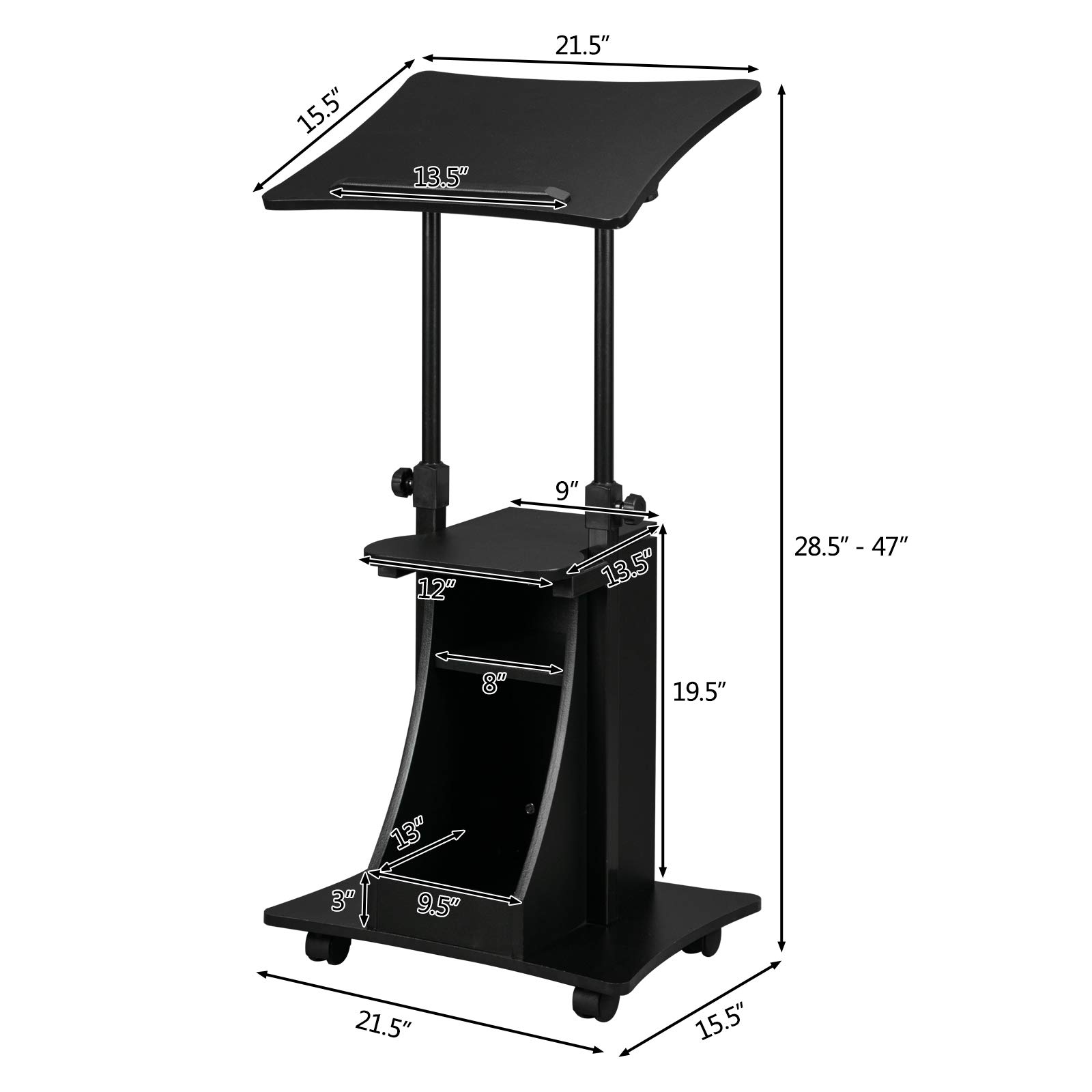 VINGLI Lectern Podium Stand, Mobile Height Adjustable Church Classroom Lecture, Portable Presentation Concert Podium, Reading or Laptop Desk with Edge Stopper, Black