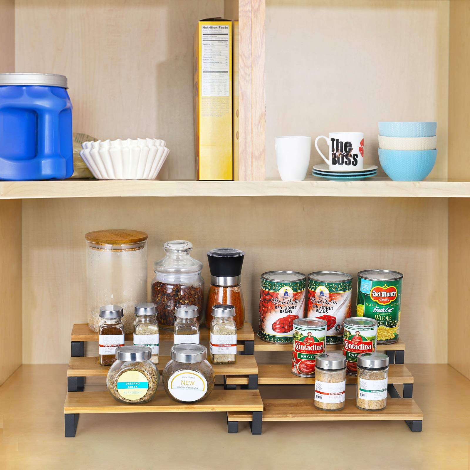 MOOACE 3 Tier Expandable Spice Rack Set (15.35"--22.2"L), Step Shelf Organizer for Cabinet Countertop Pantry, Set of 2