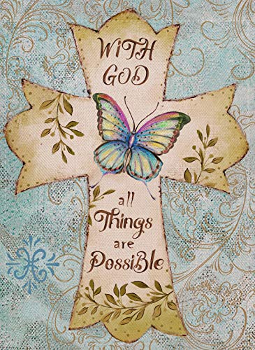 Dyrenson Decorative 28 x 40 Religious House Flag Cross Double Sided Christian Faith, with God All Things are Possible Burlap Yard Decoration, Butterfly Outdoor Décor Large Flag Spring Summer Easter