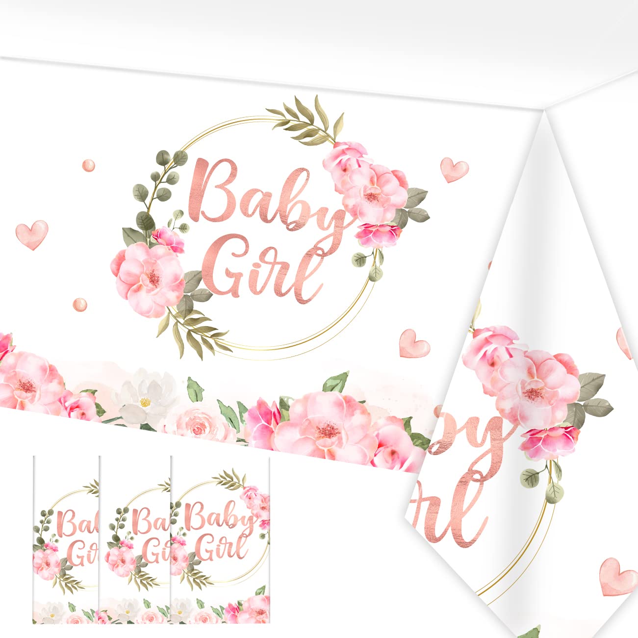 ssailue decor Girl Baby Shower Decorations Floral Baby Girl Tablecloths 3 Pieces Plastic Disposable Floral Gold Baby Table Covers for Rectangle Tables Floral Boho Rustic Girls Party Supplies