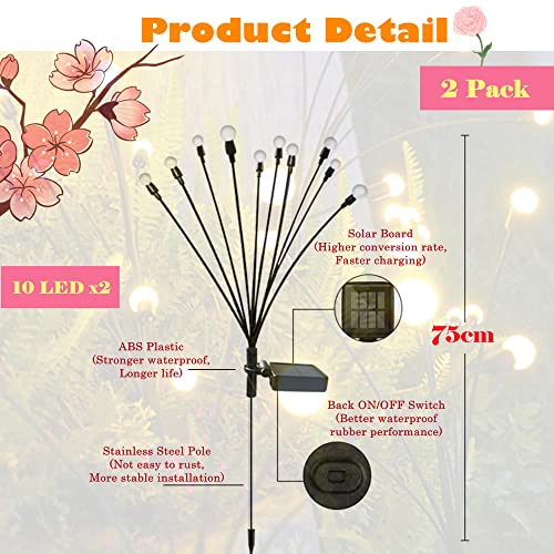 2 Packs Solar Lights Outdoor Waterproof, 20LED Solar Firefly Lights Waterproof, Solar Garden Lights, Swaying When Wind Blows, Path Landscape Outdoor Decorative Lights(Warm)