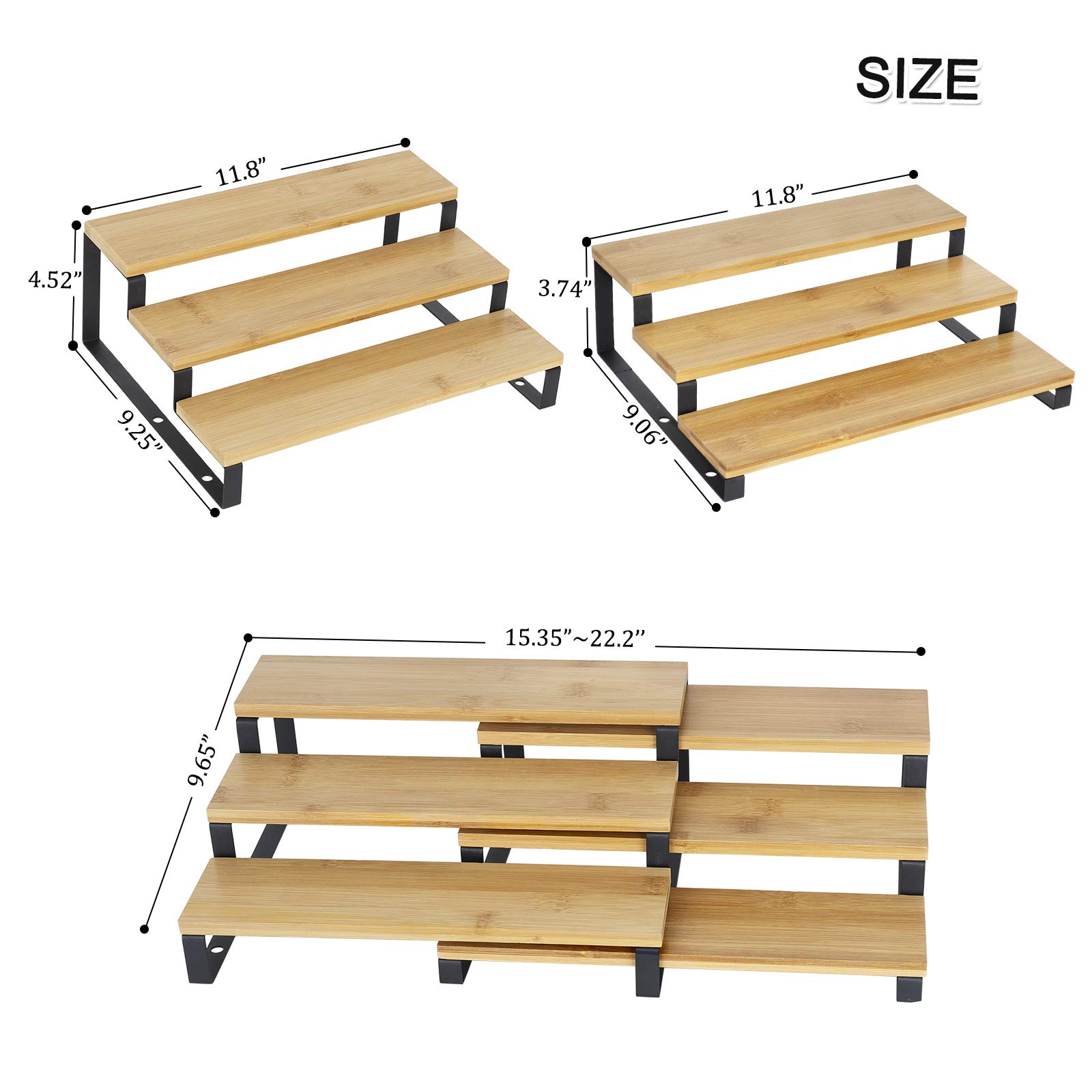 MOOACE 3 Tier Expandable Spice Rack Set (15.35"--22.2"L), Step Shelf Organizer for Cabinet Countertop Pantry, Set of 2