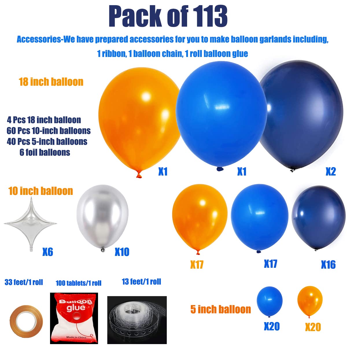 FUNPRT Outer Space Balloons Garland - Silver Orange Blue Navy Latex Balloons for Men's Bbirthday Graduation Party Decor Balloons,113 Count