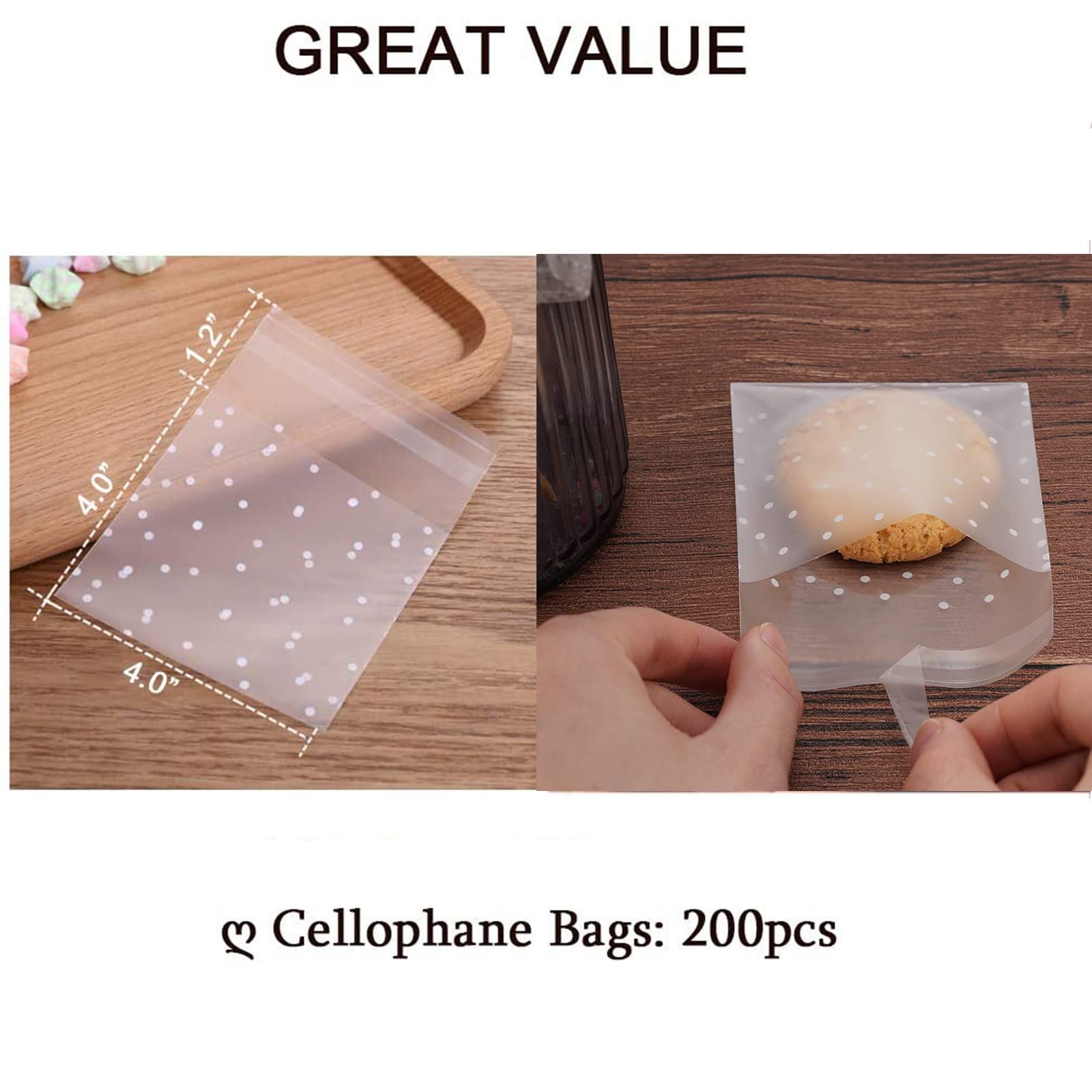 Greengoal 200pcs Resealable Cellophane Bags, Resealable Plastic Bags, Self Sealing Cello Bags - for Bakery, Candle, Soap, Cookie Poly Bags - 4x4 inch