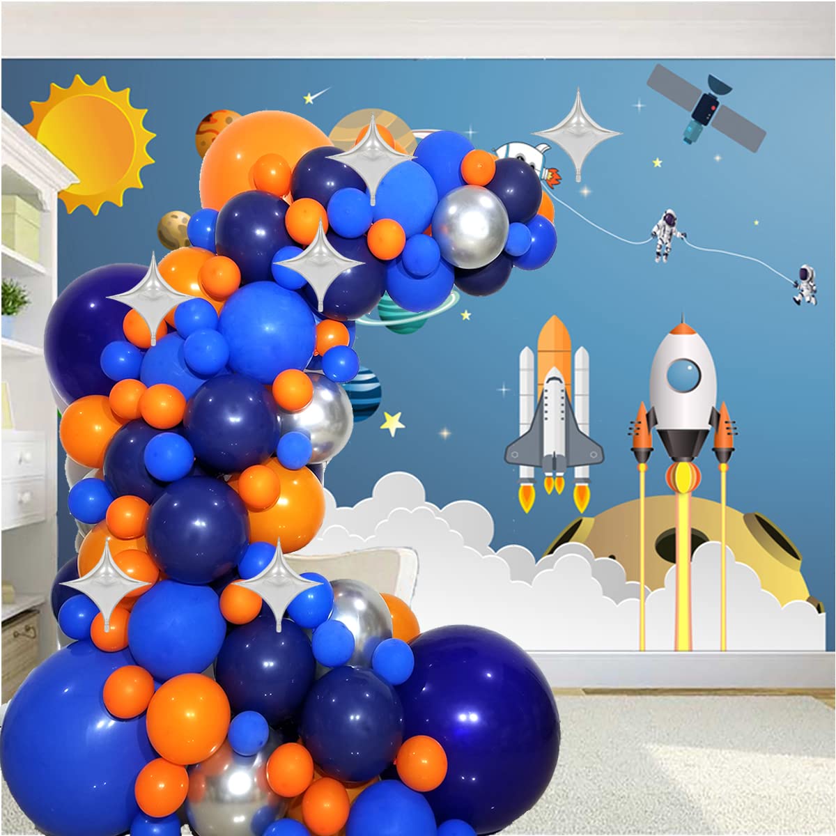 FUNPRT Outer Space Balloons Garland - Silver Orange Blue Navy Latex Balloons for Men's Bbirthday Graduation Party Decor Balloons,113 Count