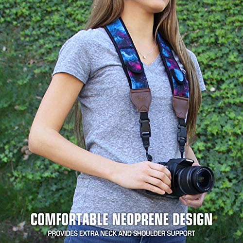 USA GEAR TrueSHOTNeck Strap Neoprene Camera Straps - Padded Camera Strap, Accessory Pocket, and Quick Release Buckles - Compatible with Canon, Nikon, Sony and More DSLR and Mirrorless Camera - Galaxy