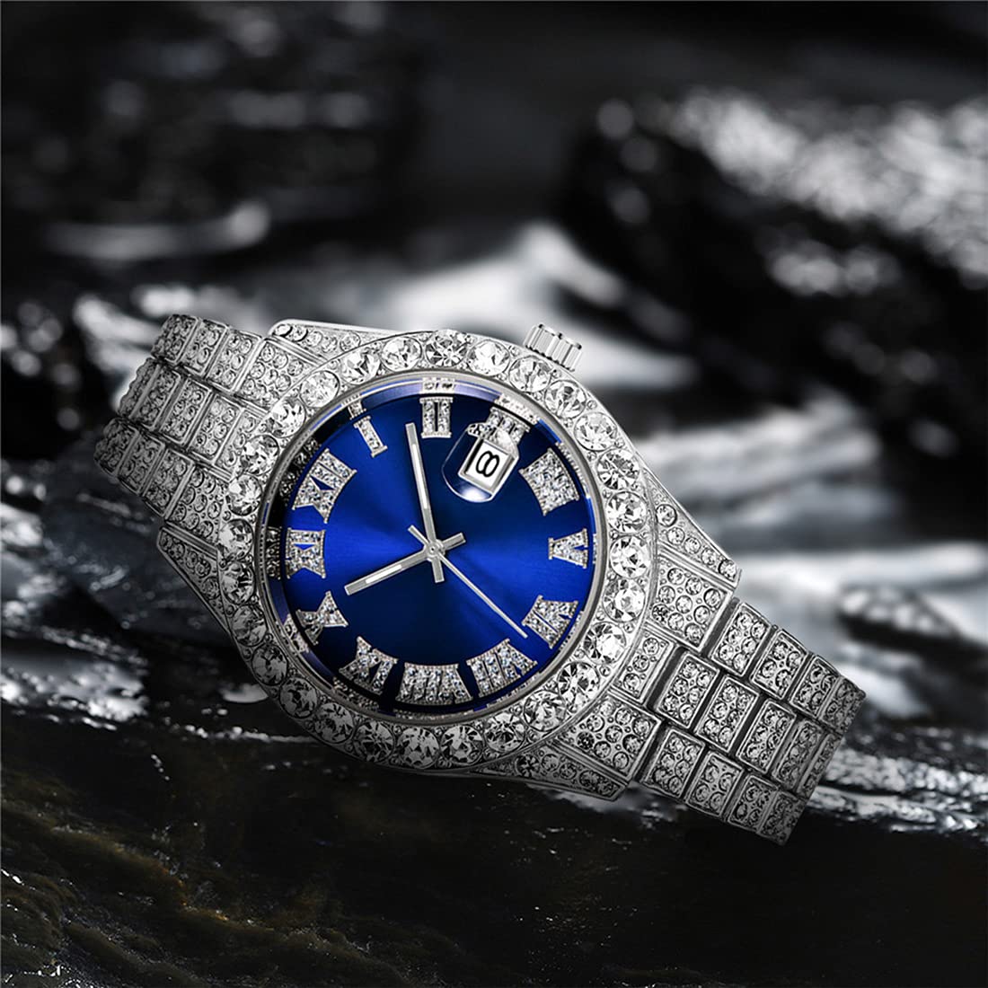 Men's Diamond Watch Fashion Crystal Rhinestone Quartz Analog Watch Iced-Out Bracelet Wrist Watch (Silver Blue)