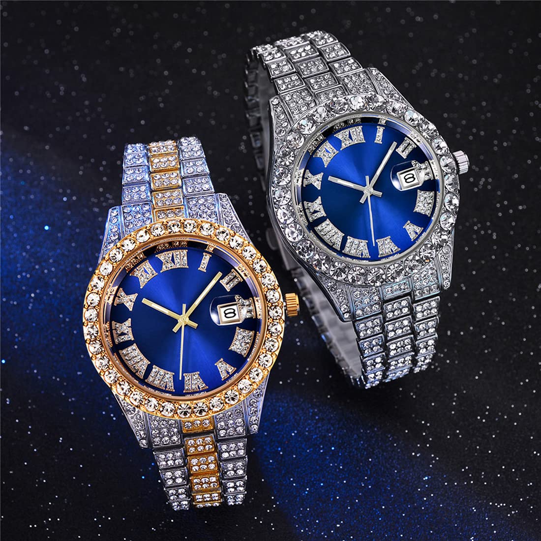 Men's Diamond Watch Fashion Crystal Rhinestone Quartz Analog Watch Iced-Out Bracelet Wrist Watch (Silver Blue)