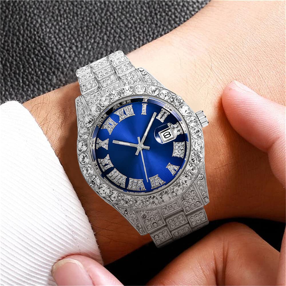 Men's Diamond Watch Fashion Crystal Rhinestone Quartz Analog Watch Iced-Out Bracelet Wrist Watch (Silver Blue)